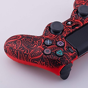 9CDeer 1 Piece of SiliconeTransfer Print Protective Cover Skin + 6 Thumb Grips & Dust Proof Plugs for PS4/Slim/Pro Controller Foliage Red
