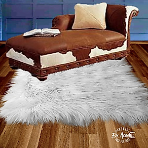 Fur Accents Luxury, Icelandic Sheepskin, Faux Fur Rectangle Area Rug - Natural Look and Feel - Long Hair Shag - Pelt Rug - Designer Art Rugs Handmade to Order USA (5'x6', White)