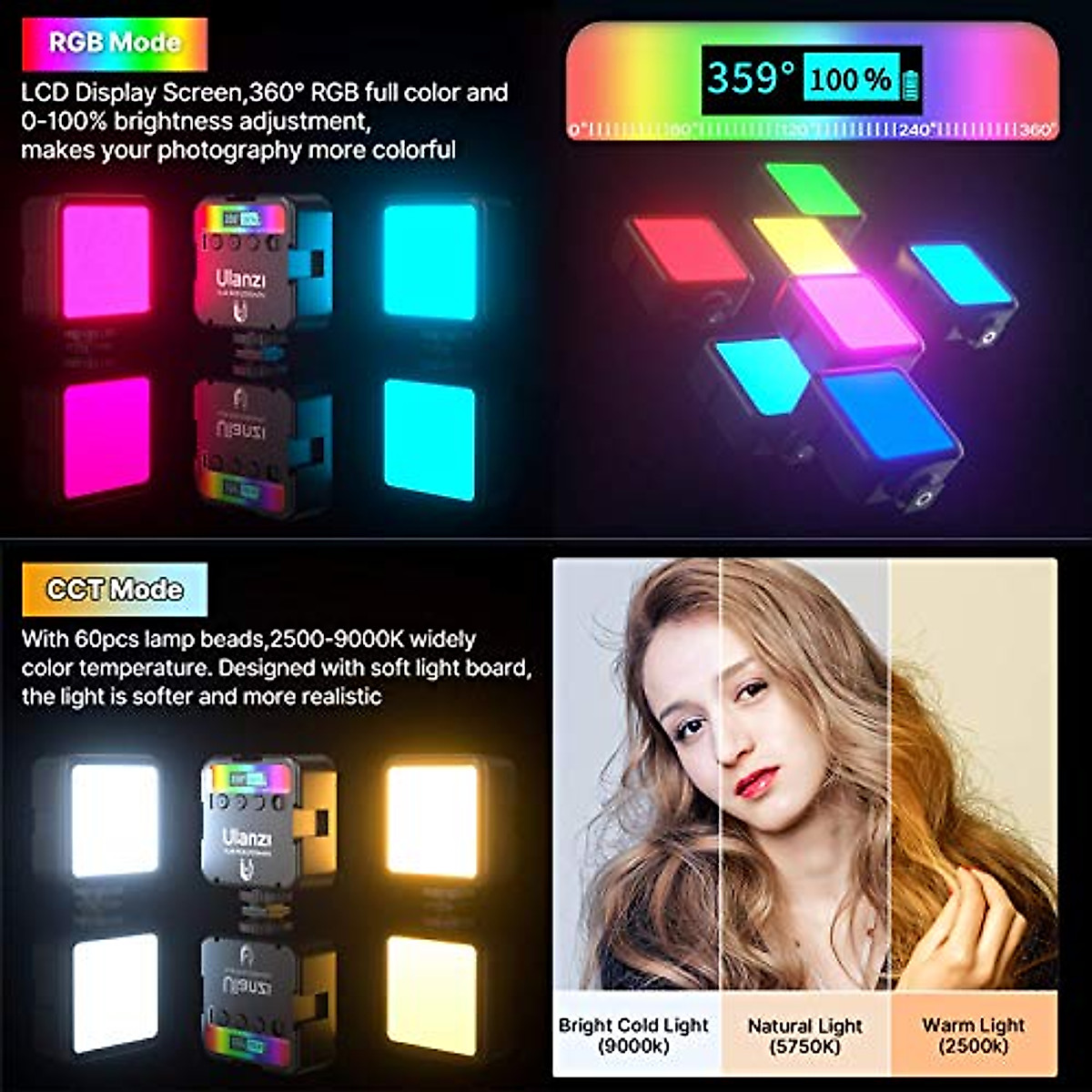 VIJIM Ulanzi VL49 RGB Video Light w 3 Cold Shoe,Mini Rechargeable LED Camera 360degFull Color Portable Photography Lighting Support Magnetic Attraction,2500-9000K Dimmable LED Panel Lamp w LCD Display