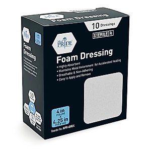 MED PRIDE Foam Dressings -10 Pack, 4'' X 4.25'' - Sterile, Hydrophilic, Highly Absorbent- Soft, Non-Adhesive Pads, Waterproof Dressing for Wound Care & Ulcers, Post Op Trauma + Injuries