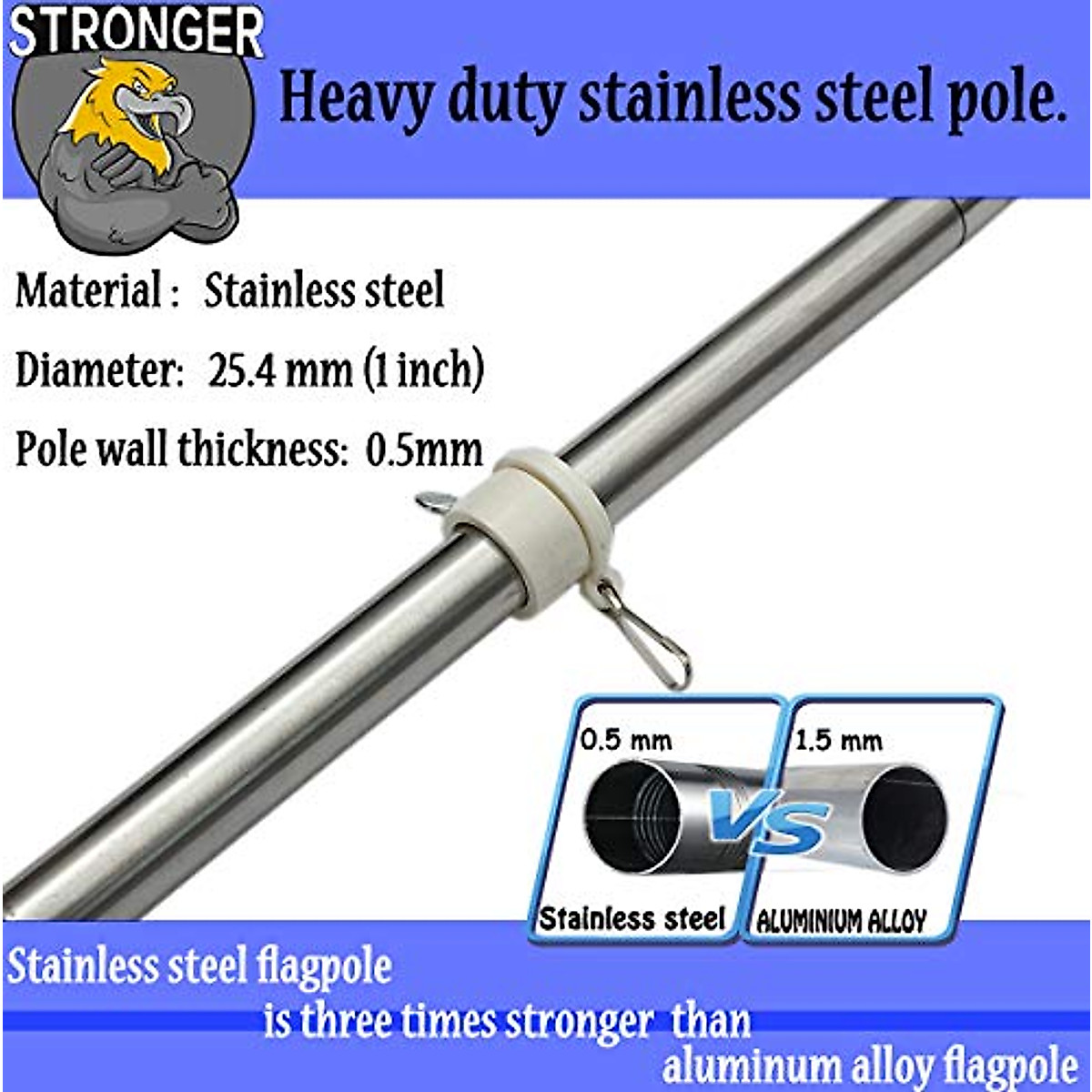 6FT Flag Pole Kit,Stainless steel Heavy Duty American US Flagpole, Rustproof for Outdoor Garden Roof Walls Yard House(Without Bracket)