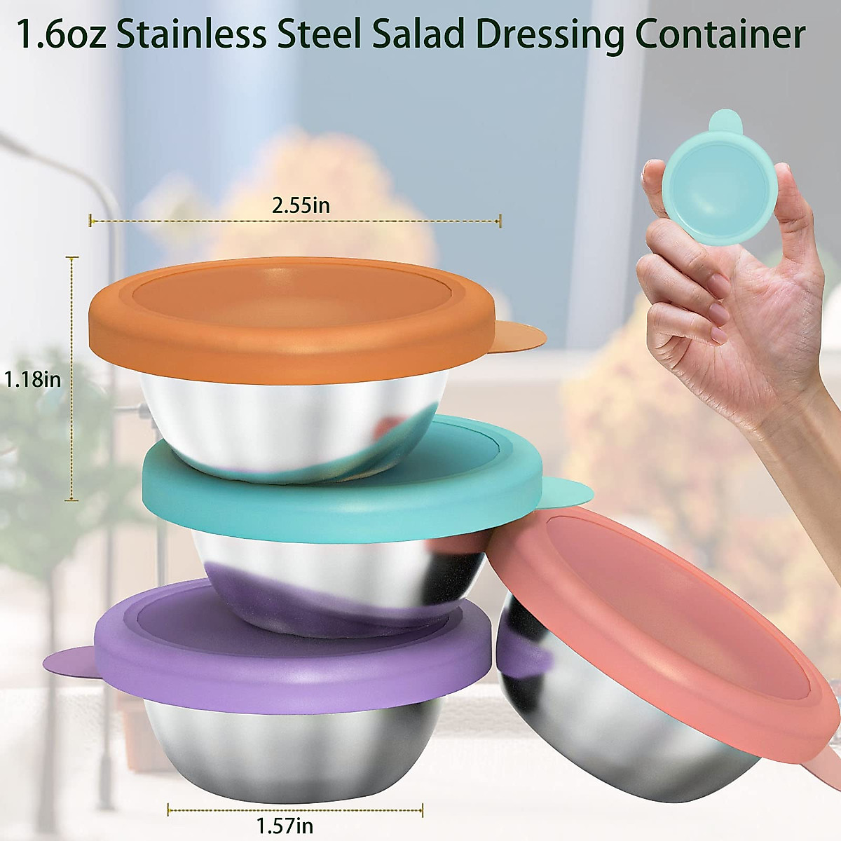 6 PCS 1.6 oz Salad Dressing Container To Go,Stainless Steel Condiment Containers with Leakproof Silicone Lid Reusable Condiment Sauce Cups with Lids Small Dipping Sauce Cups Container for Lunch Box
