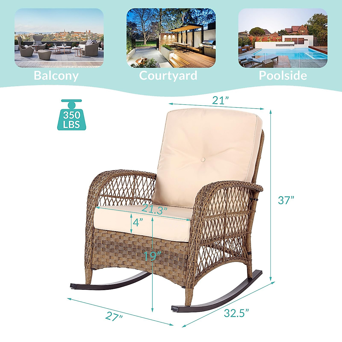 MEETWARM Outdoor Wicker Rocking Chair, Rattan Patio Rocker Chairs with Cushions and Steel Frame - Beige