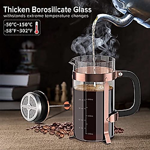 QUQIYSO French Press Coffee Maker 34oz 304 Stainless Steel with 4 Filter, Heat Resistant Durable, Easy to Clean, Borosilicate Glass Press, 100% BPA Free Teapot (Copper)