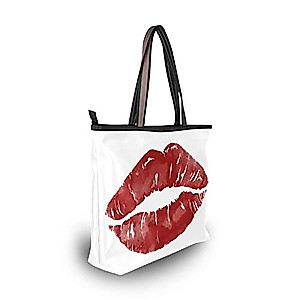 Tote Bag Pinup Style Lip Print, Large Capacity Zipper Women Grocery Bags Purse for Daily Life 2 Sizes