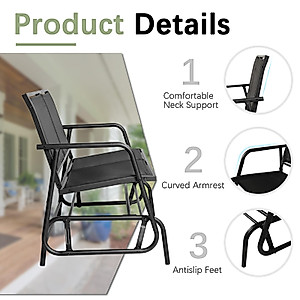 Incbruce Patio Rocking Chair with Textilene Fabric Outdoor Glider Bench for 2 Person, Seating Loveseat Steel Frame for Porch, Patio, Garden (Black)