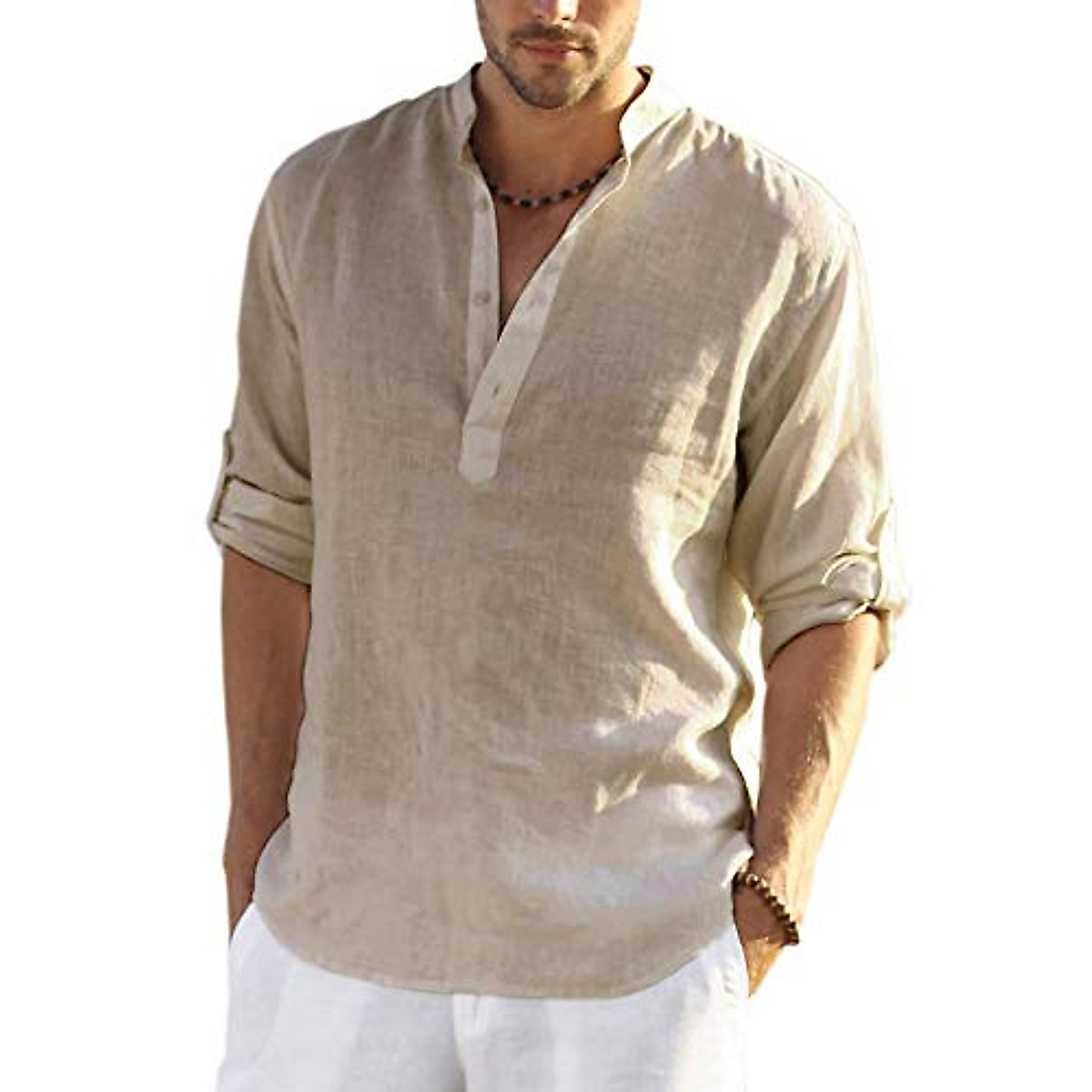 COOFANDY Mens Cotton Linen Henley Hippie Casual Beach T Shirt, Khaki, Medium, Long Sleeve