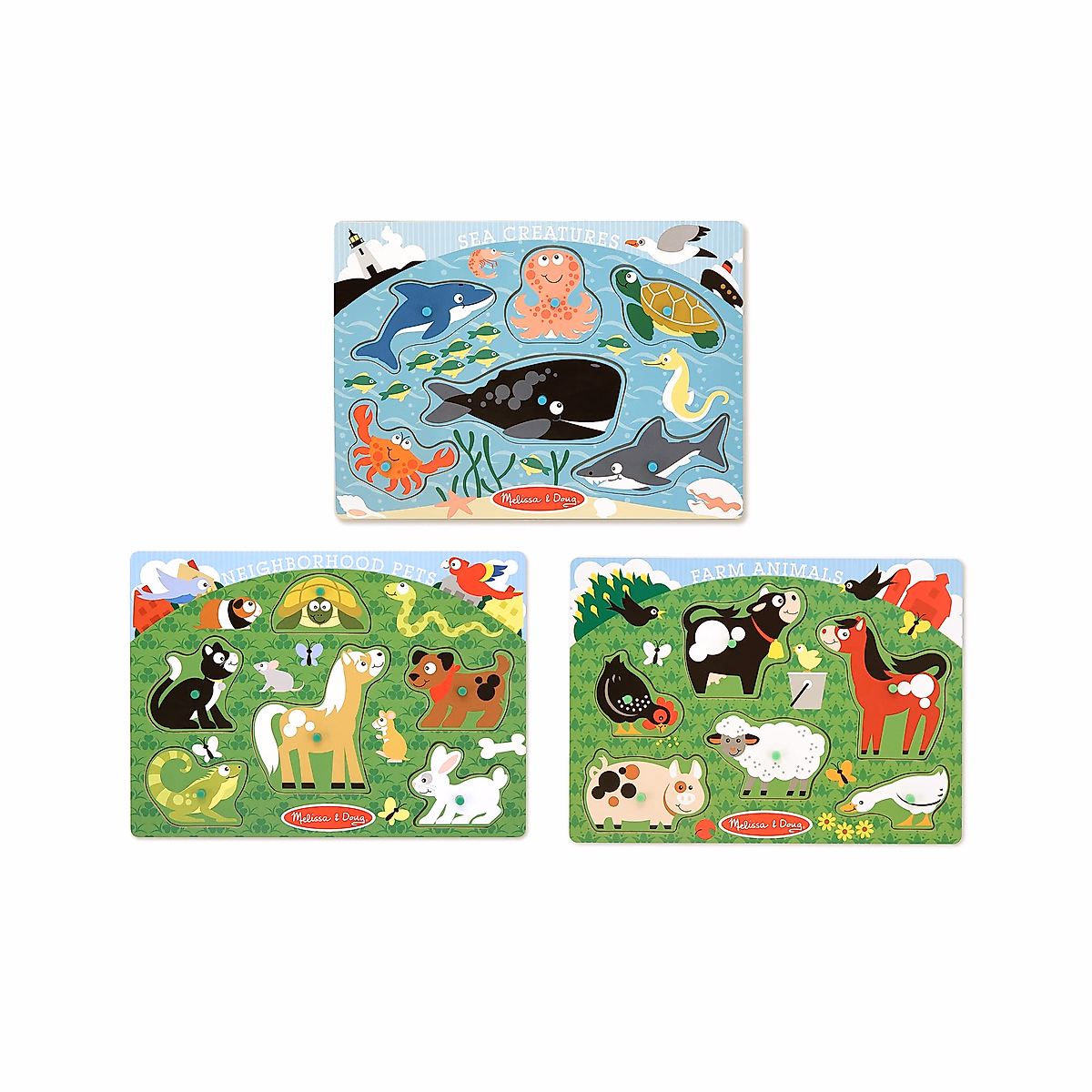 Melissa & Doug Animals Wooden Peg Puzzles Set - Farm, Pets, and Ocean - Animal Puzzles, Peg Puzzles For Toddlers Ages 2+