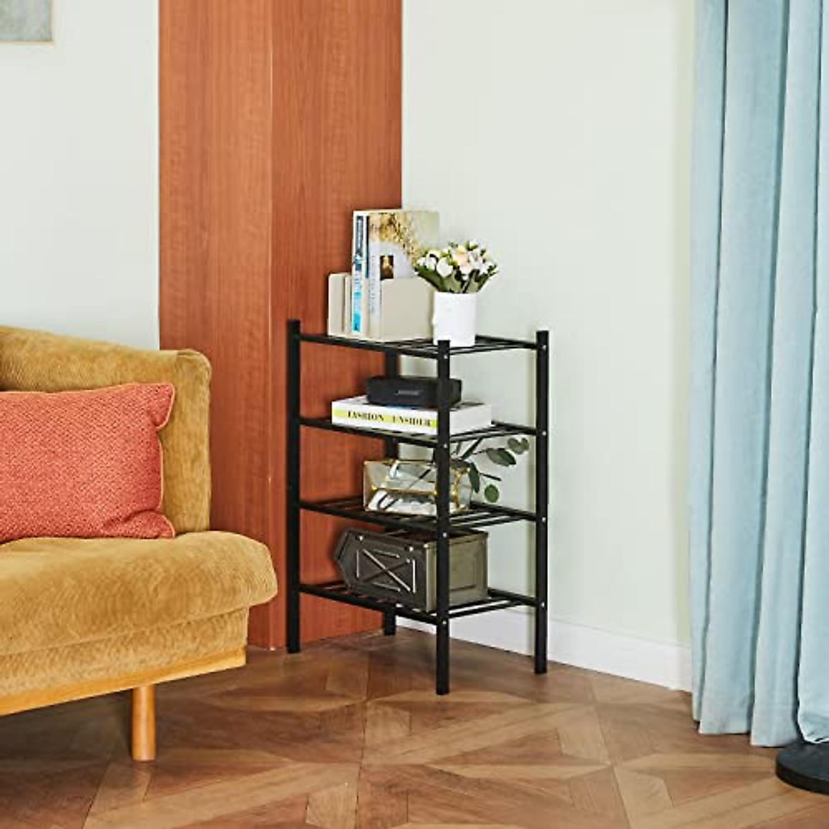 Trenect Shoe Rack for Entryway Closet 4 Tier Narrow Shoe Rack Stackable Organizer Storage Bamboo Shoe Rack Vertical Small Shoe Rack Shelf Free Standing Shoe Racks 11 * 17.7 * 26.2 Inches (Black)