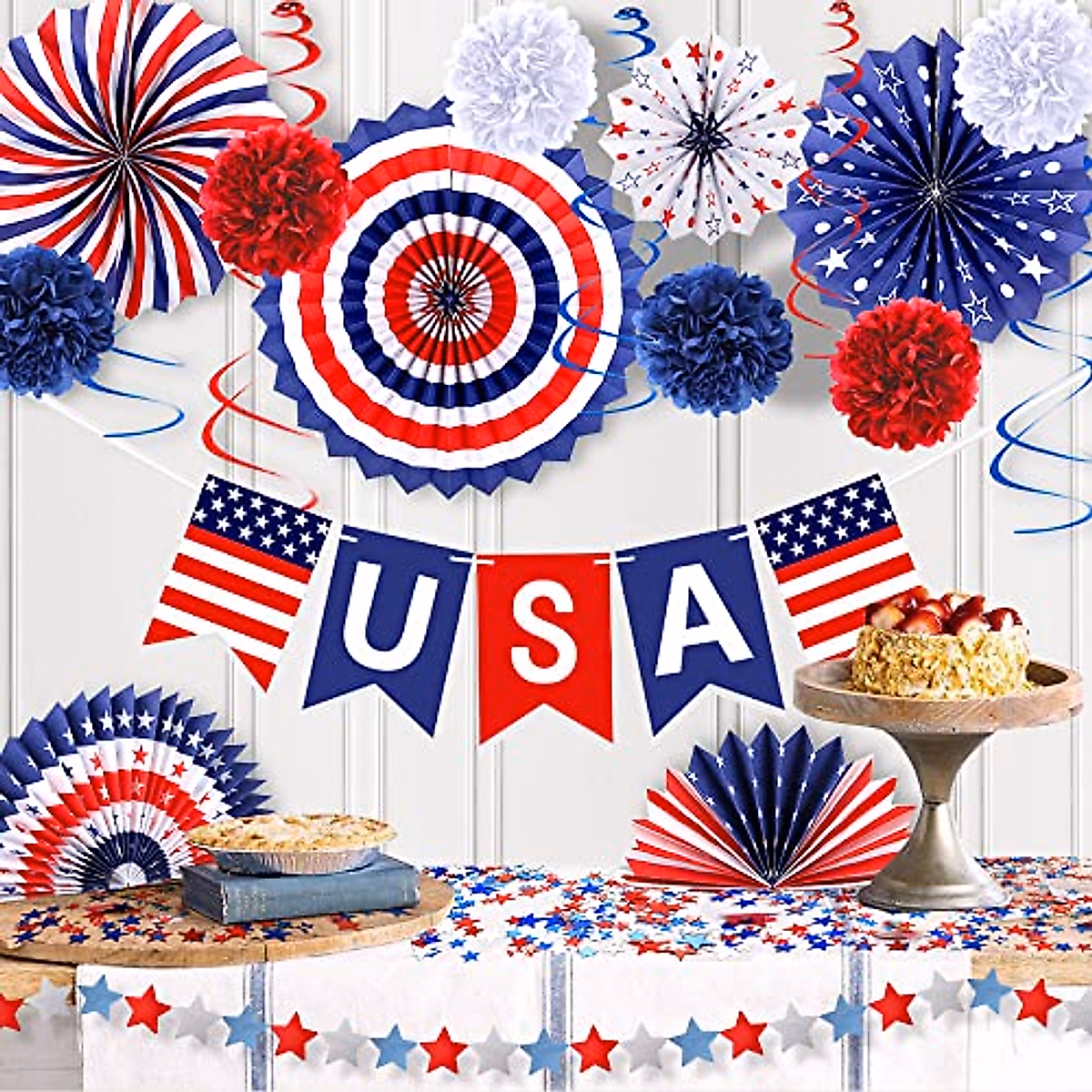 59pcs 4th of July Patriotic Decorations - Fourth of July Decor American Flag Party Supplies, USA Flag Pennant, Red White Blue Paper Fans, Latex balloons, Star Streamer, Hanging Swirls for Memorial Day
