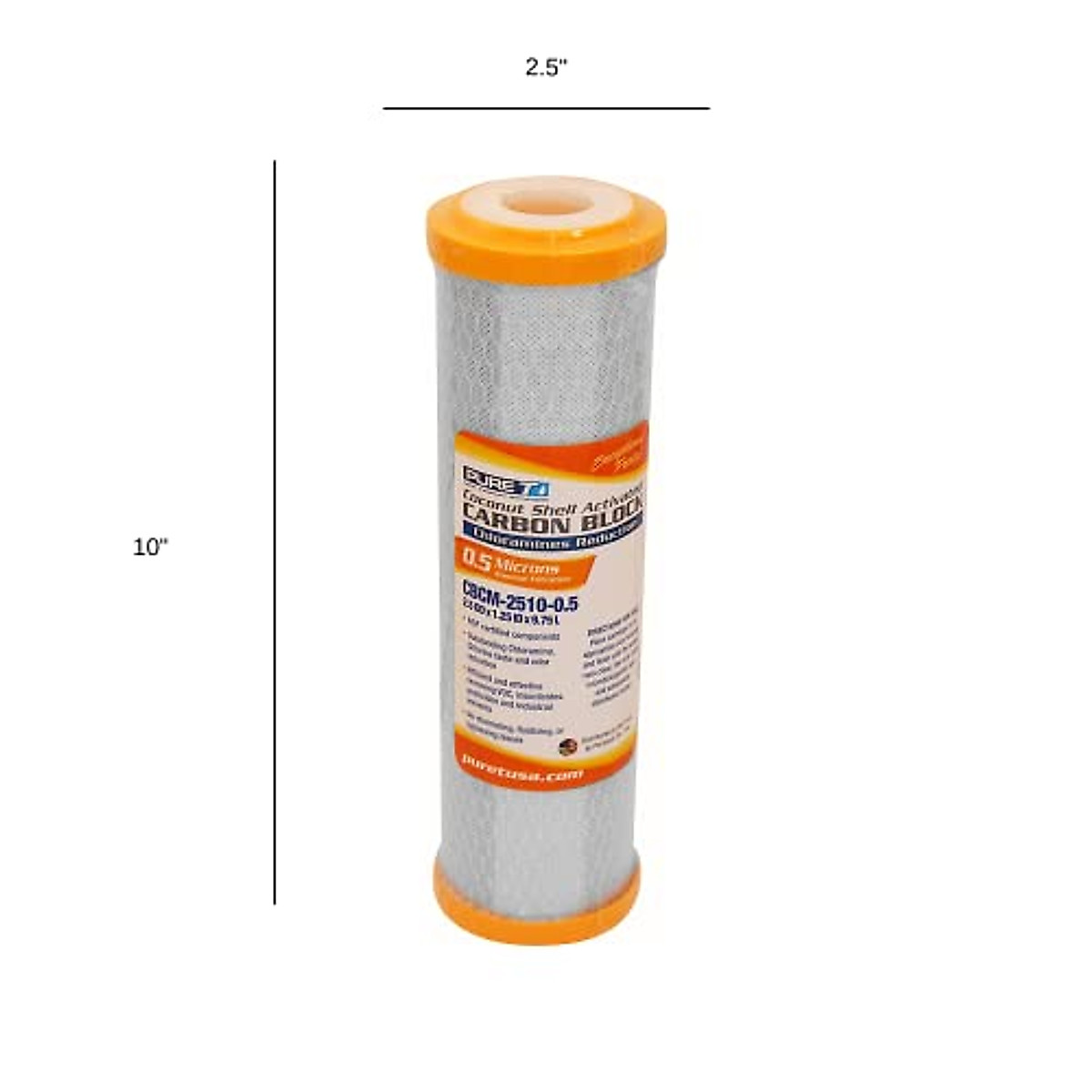 PureT CBCM-2510-0.5, 10x2.5" Chloramine Reduction Water Filter - NSF Certified - Carbon Block Chloramine Reduction Filter (.5 u Micron Rated)