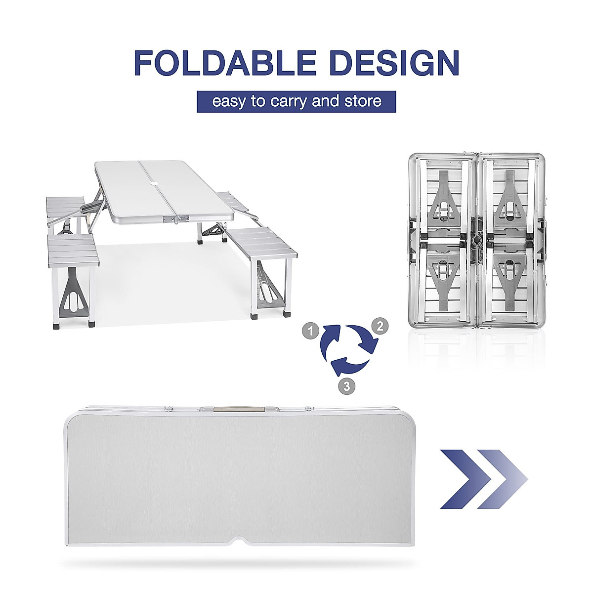 Koreyosh Folding Camping Table Chair Set, Aluminum Suitcase Portable Camping Picnic Table with 4 Seats,Umbrella Hole for Party, BBQ, Beach(Silver)