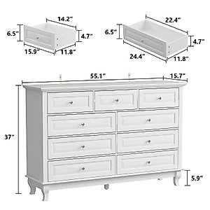 MOUMON Chest of Drawers 9 Drawer Dresser, Modern Contemporary Dresser with Sliver Handles, 9 Drawer Cabinet with Wooden Legs, White Dresser for Bedroom 55.1”W x 15.7”D x 37”H