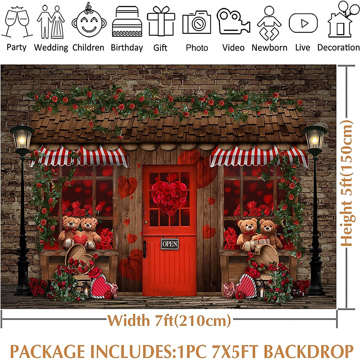 Avezano Valentine's Day Photography Backdrop Red Rose Brick Wall Valentine Portrait Background Flower Shop Love Wedding Bridal Shower Backdrops Photo Studio (7x5ft)