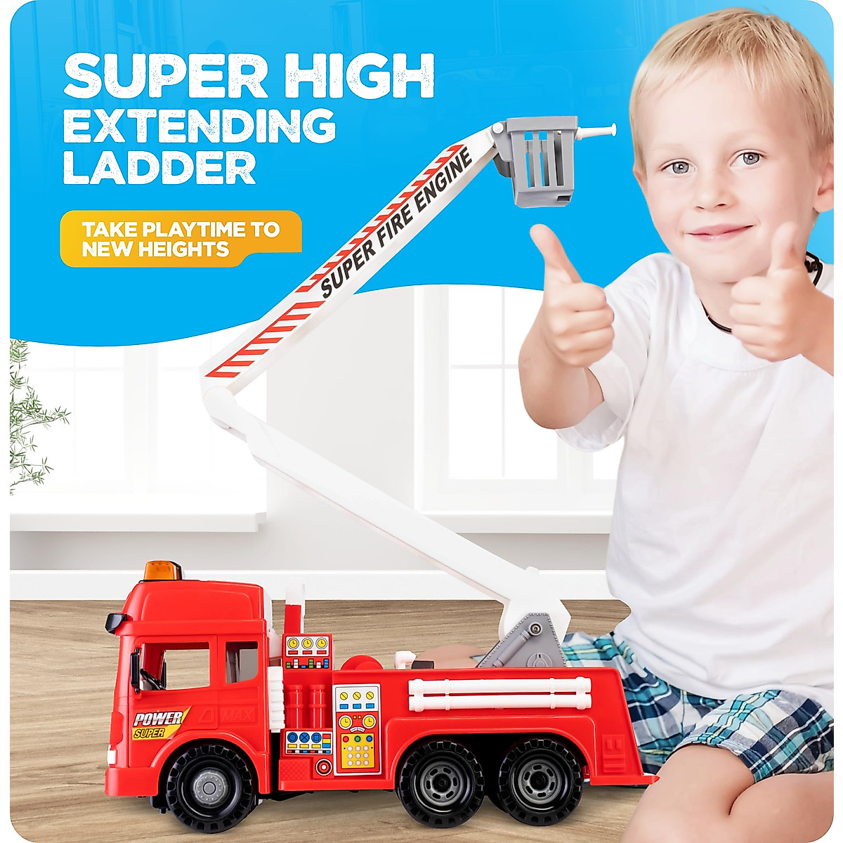 FUNERICA Large Fire Truck Toy with Lights and Sounds - Doors That Open - Big Folding Ladder - 7 Toy Figures and Firemen - Red Firetruck Engine for Toddlers and Kids
