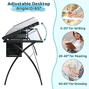Clevich Glass Tabletop Drafting Table, Drawing Desk w/2 Drawers and Side Tray, 0-65°Angle Adjustable Versatile Art Craft Station, Craft Table w/Sturdy Metal Frame, for Artists Painters Student