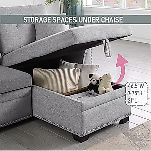 Generic Sleeper Sofa, Sofa Bed- 2 in 1 Pull Out Couch Bed with Storage Chaise with 2 Pillows for Living Room, Linen Fabric Sofa Sleeper with Pull Out Bed Couch,Light Grey