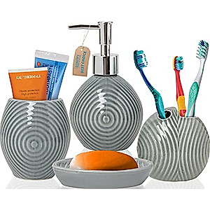 Designer 4-Piece Bathroom Accessory Set – Ceramic Bath Set w/Liquid Soap or Lotion Dispenser, Toothbrush Holder, Tumbler and Soap Dish – Decorative Set w/Embossed Details – Modern Vanity Accessories