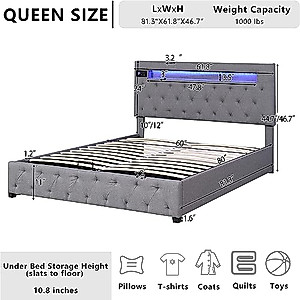 Ucloveria Queen Bed Frame with Bluetooth Audio & Charging Station & LED Lights, Upholstered Platform Bed with Button Tufted Adjustable Headboard, Hydraulic Storage, No Box Spring Needed, Gray