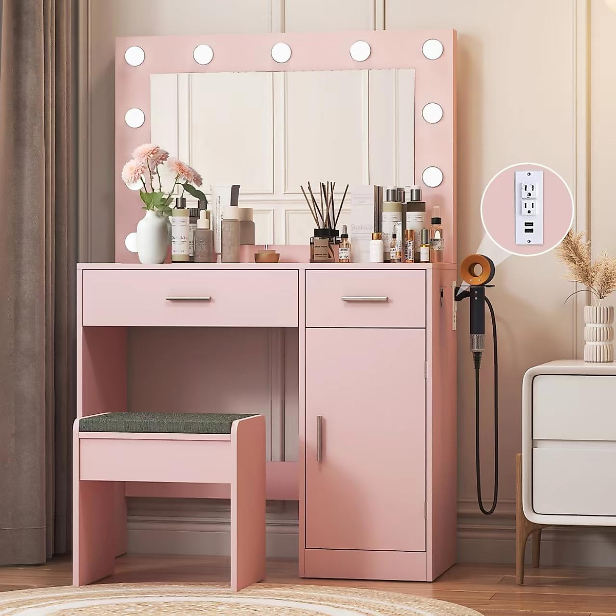 Viaozutis Vanity Desk with Mirror and Light, Large Drawer Power Socket with 11 Light Bulbs, 3 Adjustable Lighting Modes, Bedroom Vanity Table (Pink)