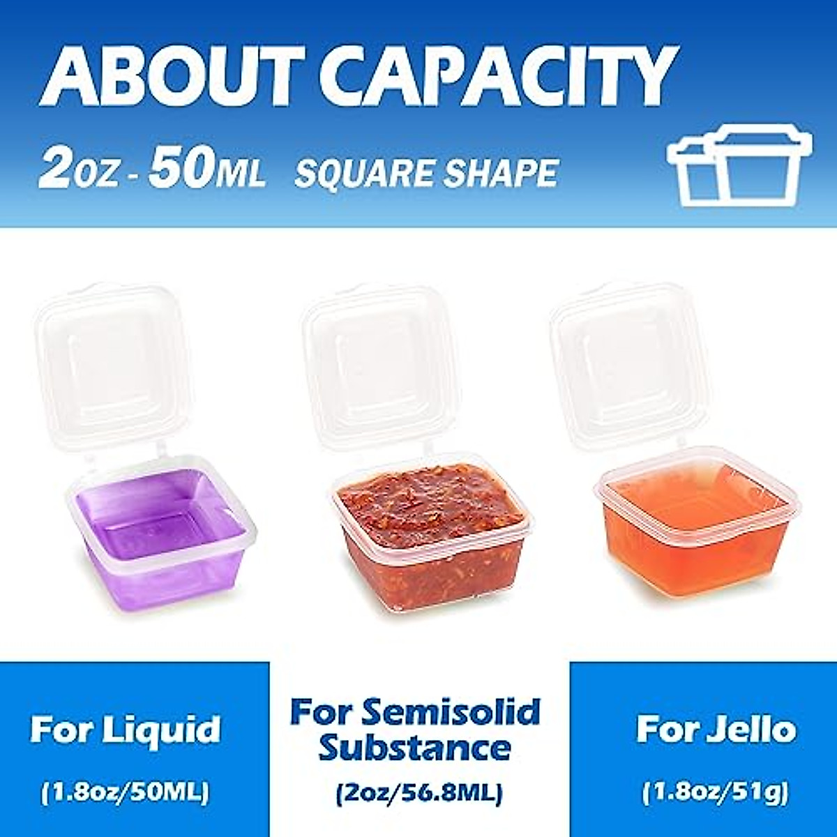 RIKICACA 2 oz Plastic Containers with Lids (200pack), Disposable Condiment Containers with Lids, Portion Cups with Lids, Condiment Cups, Jello Shot Cups, Souffle Cups, (Square)