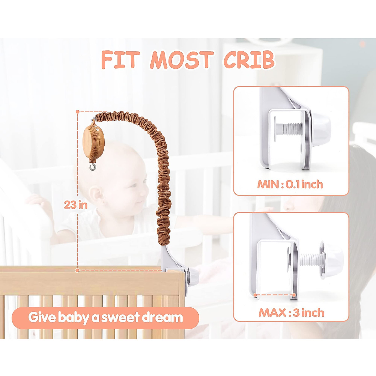Crib Mobile Arm with Music Box - Imitation Wood - 23 Inch Mobile Arm for Crib - Crib Mobile Motor Battery Operated - Volume Control - 35 Lullabies - Crib Toys Attachments - Holder for DIY Clamp Mobile