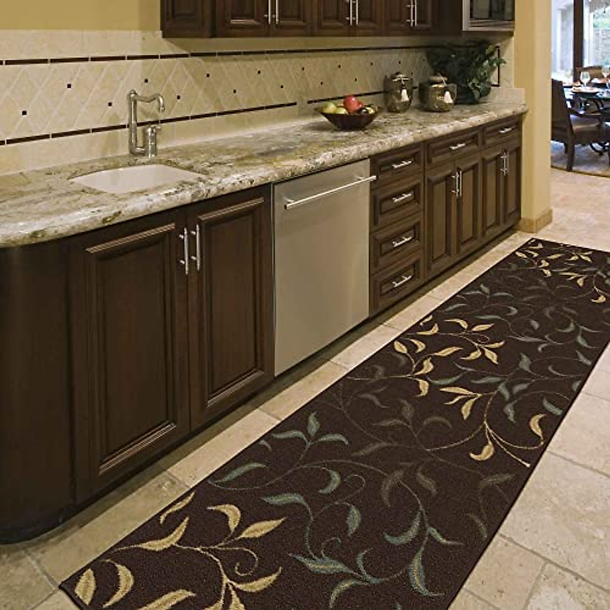 Machine Washable Leaves Design Non-Slip Rubberback 3x10 Traditional Runner Rug for Hallway, Kitchen, Bedroom, Living Room, 2'7" x 9'10", Brown