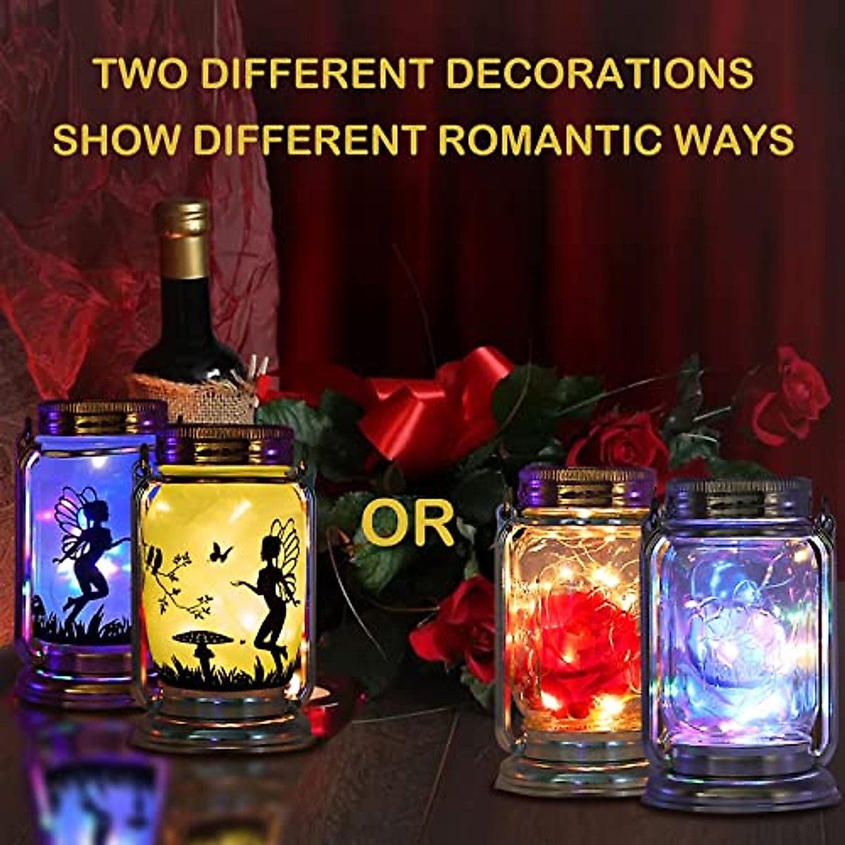 2 Pack Solar Fairy Lantern Mason Jar Light, Red&Purple Rose Flower with Fairy Stickers Mother's Day Gifts Solar Hanging Lantern Stake Lights Garden Wedding Party Decoration(Warm White&Multi Color)
