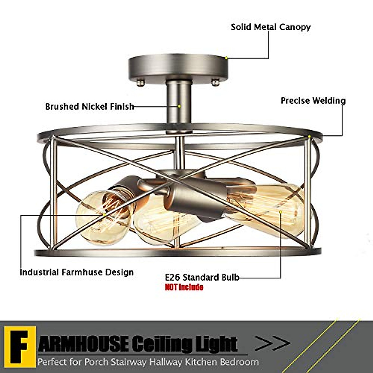 Capslpad Industrial Semi-Flush Mount Ceiling Light Vintage Close to Ceiling Lamp 3-Light Farmhouse Retro Metal Cage Ceiling Light Fixture for Bedroom Kitchen Foyer Hallway (Brushed Nickel)