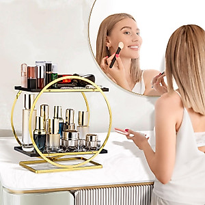 Tonswachic Makeup Organizer for Vanity, 2 Tier Skincare Organizer Perfume Tray, Metal Bathroom Counter Organizer for Cosmetics Make Up Storage Holder and Perfume Dresser Display Rack