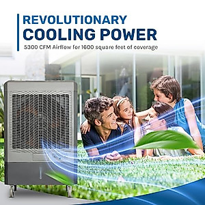 Portable Swamp Coolers - 5300 CFM MC61M Evaporative Air Cooler with 3-Speed Fan - Water Cooler Fan 1600 Sq. ft. Coverage High Velocity Outdoor Cooling Fan Swamp Cooler by Hessaire - Gray