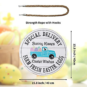 CYPREWOOD Easter Decoration Sign for the Home, 16" Large Farmhouse Wooden Easter Decor, Easter Signs for Door Hanger, Yard (Little Blue Truck Easter)