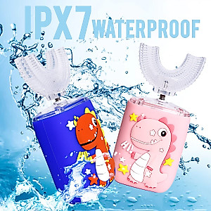 JAKABRO U-Shaped Dinosaur Kids Toothbrush with Case | IPX7 Waterproof Toddler Electric Ultrasonic Autobrush Mouthpiece | Six Advanced Cleaning Modes, Rechargeable Long-Lasting Battery.(Ages 2-12)