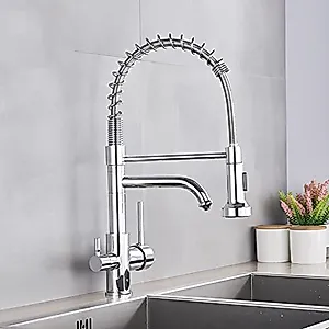 Kitchen Sink Faucet for Bar Farmhouse Commercial, Brushed Pure Water Filter Kitchen Faucet, Dual Handles Hot and Cold Drinking Water Pull Out Kitchen Mixer Crane Purification (Color : Chroem)