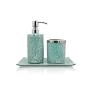 LushAccents Bathroom Accessories Set, 5-Piece Decorative Glass Bathroom Accessories Set, Soap Dispenser, Soap Tray, Vanity Tray, Jar, Toothbrush Holder, Elegant Seafoam Green Mosaic Glass