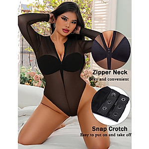 Avidlove Women's Sexy Mesh Long Sleeve Bodysuit Tops Sheer See Through Zipper Leotard Clubwear with Snap Crotch Black L