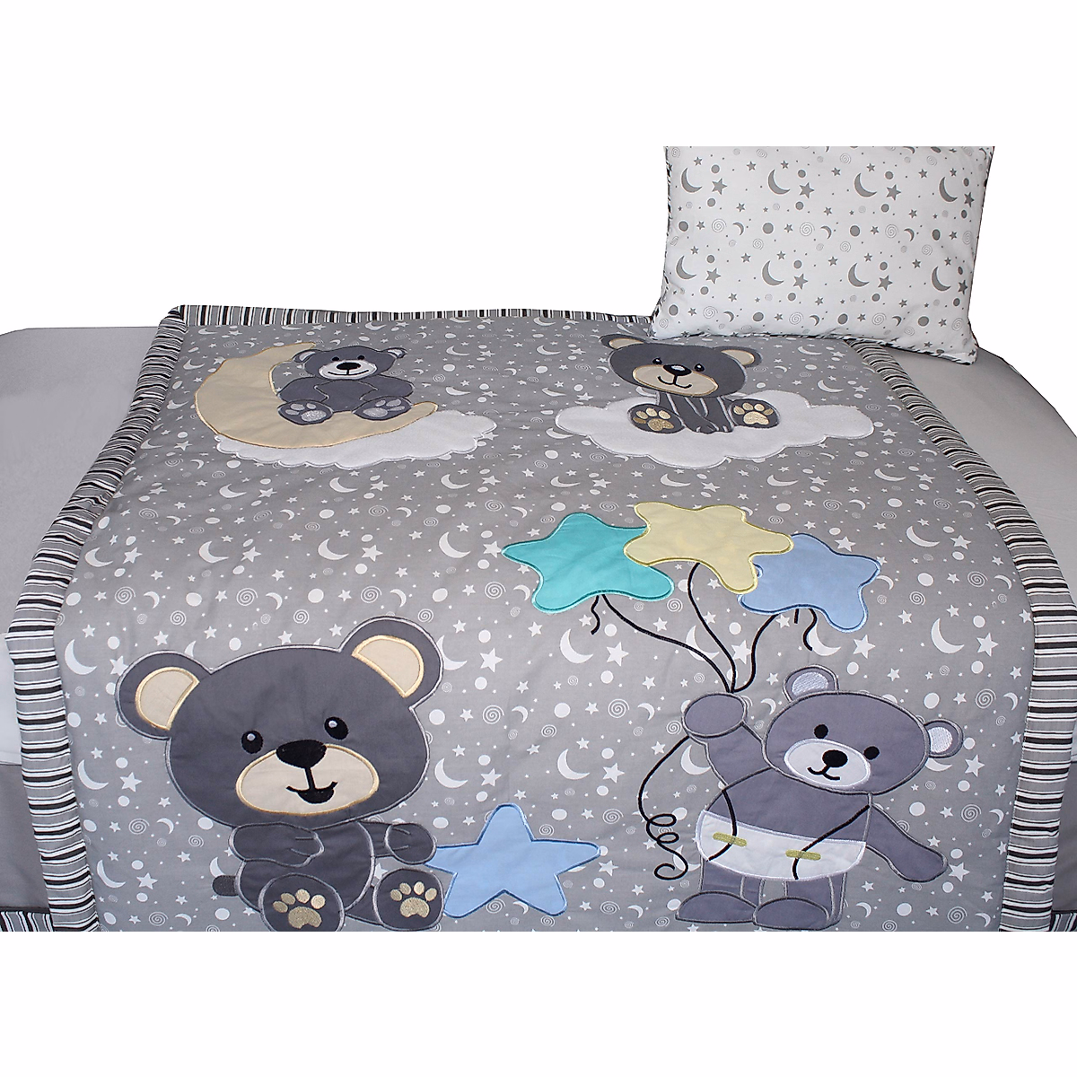 BabyFad Teddy Bear Grey with Stars, Moon and Cloud 100% Cotton Nursery for Baby Boys and Girls, Musical Mobile 9 Piece Crib Bedding Set