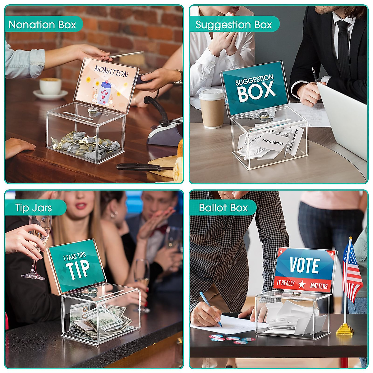 MaxGear Acrylic Donation Box with Lock and Sign Holder, Clear Ballot Box Donation Boxes for Fundraising (6.25" x 4.5" x 4") with Lock - Clear