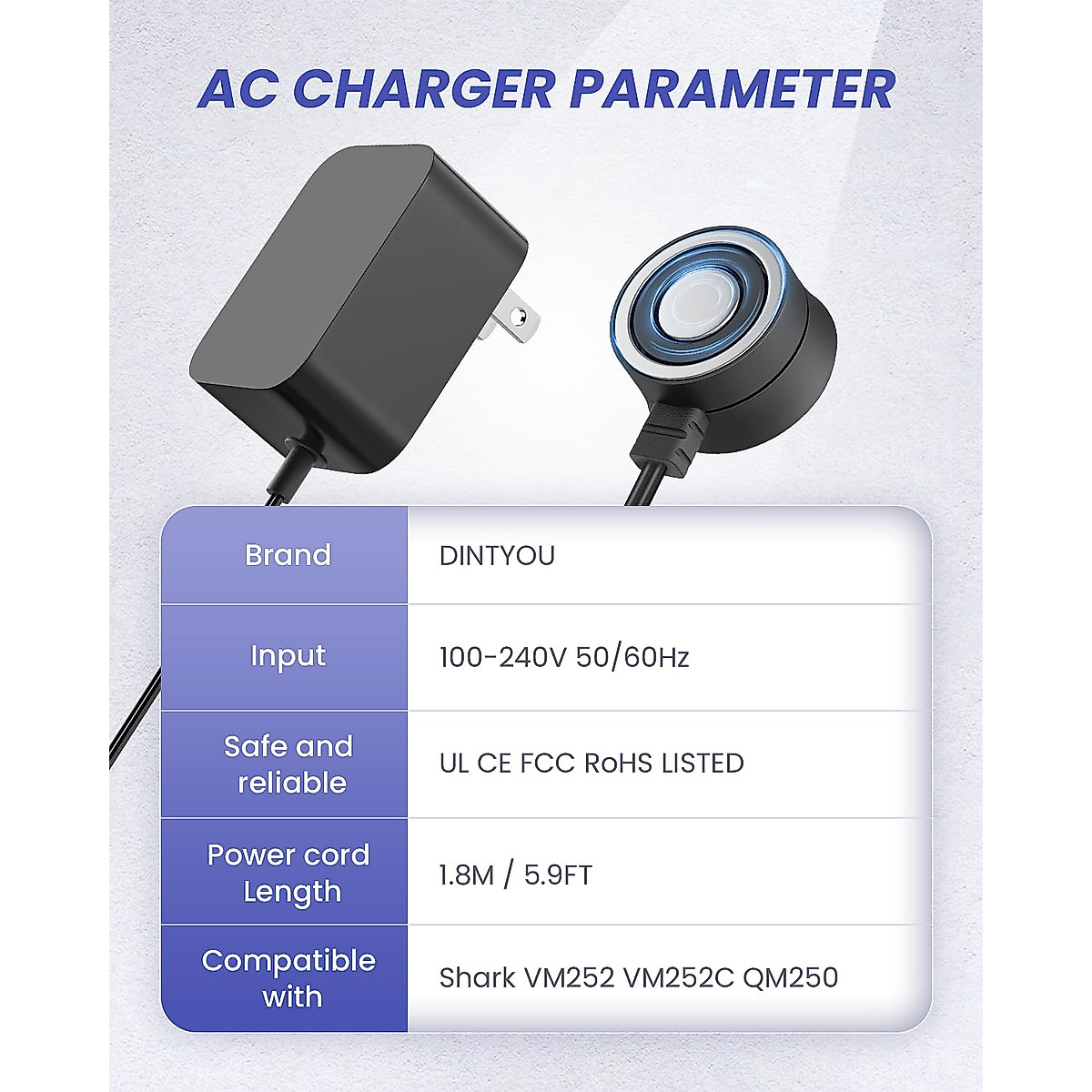 Replacement for Shark Vacmop Charger, Cordless Hard Floor Vacuum Mop Shark VM252 VM252C VM251 QM250 VM250 Magnetic Power Cord Charger