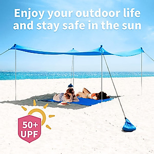 LeMuna Beach Tent Canopy Pop Up Sun Shade UPF50+, Lightweight Outdoor Shade with Sand Shovel, Ground Pegs and Stability Poles, Portable Set for Family Fun Trips (Blue, 10×10 FT 2 Pole)