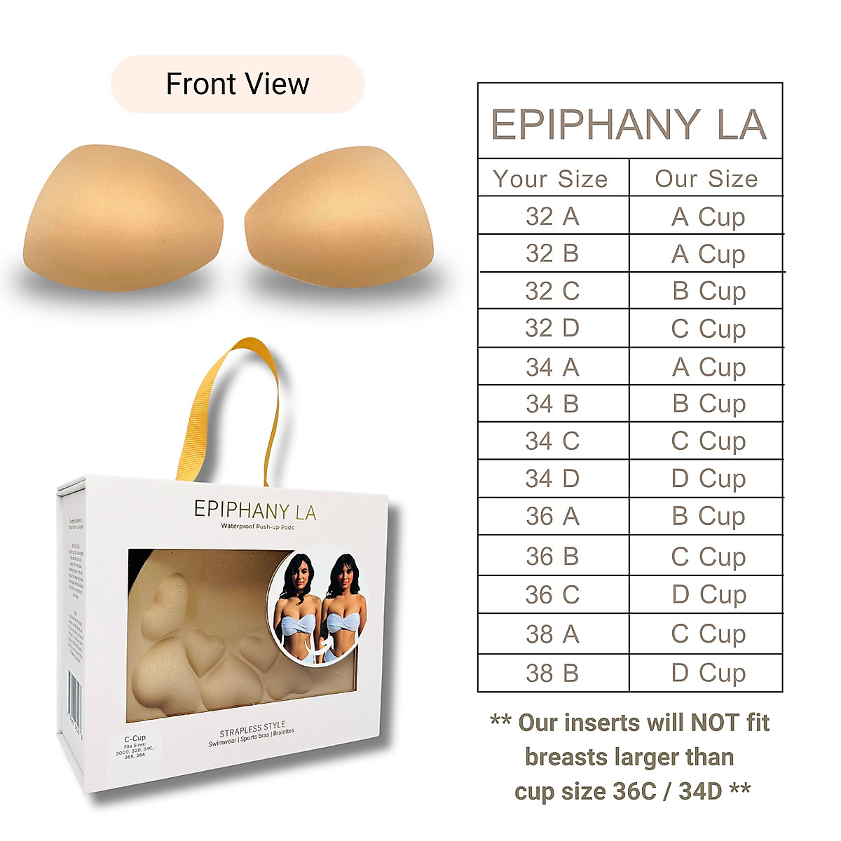 Epiphany LA Women's Strapless Style Push-up Padding Inserts for Swimsuits, Sports Bras, and Clothing (C-Cup (1 Pair))
