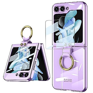 DEMCERT for Galaxy Z Flip 5 Phone Case with Ring, Ultra-Thin Folding Screen Samsung Flip 5 Case Protective Cover with Ring, Separate Tempered Film for Samsung Galaxy Z Flip 5 2023 (Purple)