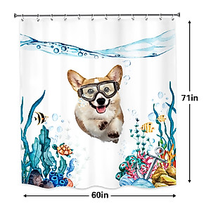 LGhtyro Funny Dog Shower Curtain Bathroom Set 60Wx71H Inches Hilarious Swimming Dog Blue Sea Ocean Bath Accessories Nautical Cute Lovely Corgi Fish Turtle Animal Art Home Decor Fabric 12 Pack Hooks