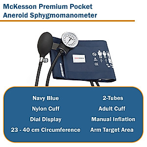 McKesson Manual Blood Pressure Monitor, Inflation Pump and Cuff for Adult Arm - Premium Pocket Aneroid Sphygmomanometer with Carrying Case, Navy, 1 Count