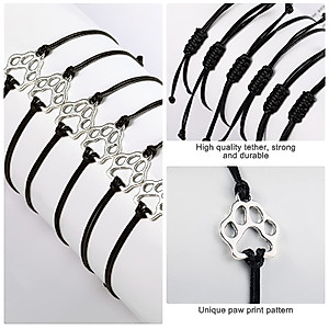 Junkin 10 Pieces Paw Print Bracelets Vet Tech Week Gifts for Women Men Teens Handmade Adjustable Strings Stainless Steel Dog Cat Paw Print Bracelets Family Friend Couple Jewelry Christmas Gift (Black)