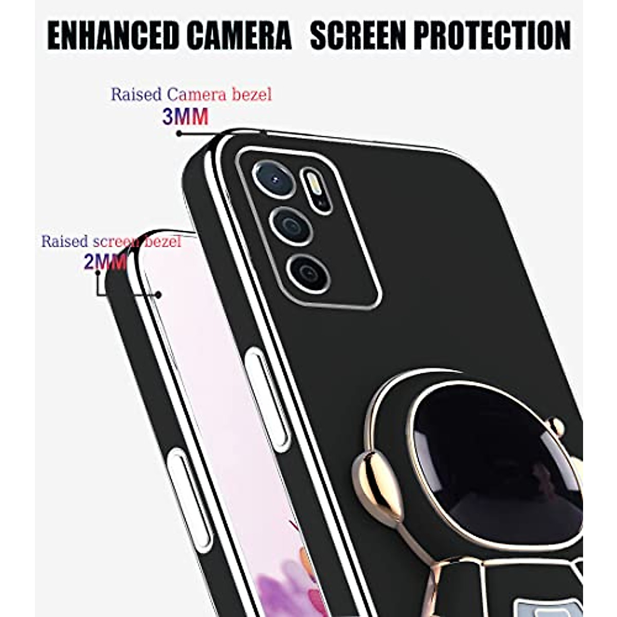 Compatible with Oppo A16 Case with Plating Creative Astronaut Cartoon Holder Pink,Oppo A16s Phone Case Silicone Shockproof Stand Soft TPU Protective Slim Cover (Black)