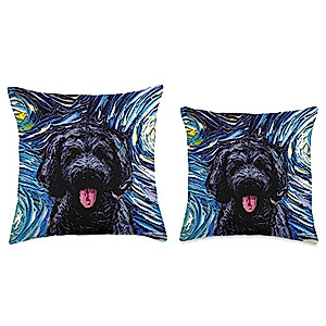 Sagittarius Gallery Black Goldendoodle Labradoodle Starry Night Dog Portrait Aja Throw Pillow, 18x18, Multicolor