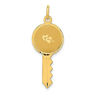 Solid 14k Yellow Gold Hearts Rounded Top Key Charm Brushed Matte Finish Pendant - 30mm x 12mm