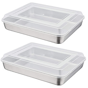 12.3 Inch Baking Lasagna Pan with Lid, P&P CHEF Rectangular Cake Pan Stainless Steel and Airtight Plastic Lids, Ideal for Cooking Reheating Roasting Baking Storing, Heavy Duty - Set of 4
