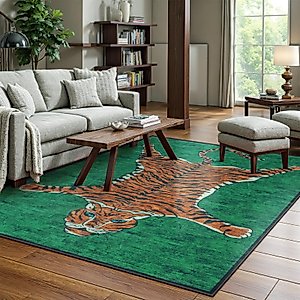 Seavish Tiger Rug 5x7 Area Rugs for Living Room Low Pile Thin Animal Print Green Rugs for Bedroom Aesthetic Washable Accent Rugs for Entryway Soft Floor Carpet for Dorm Office Modern Room Decor